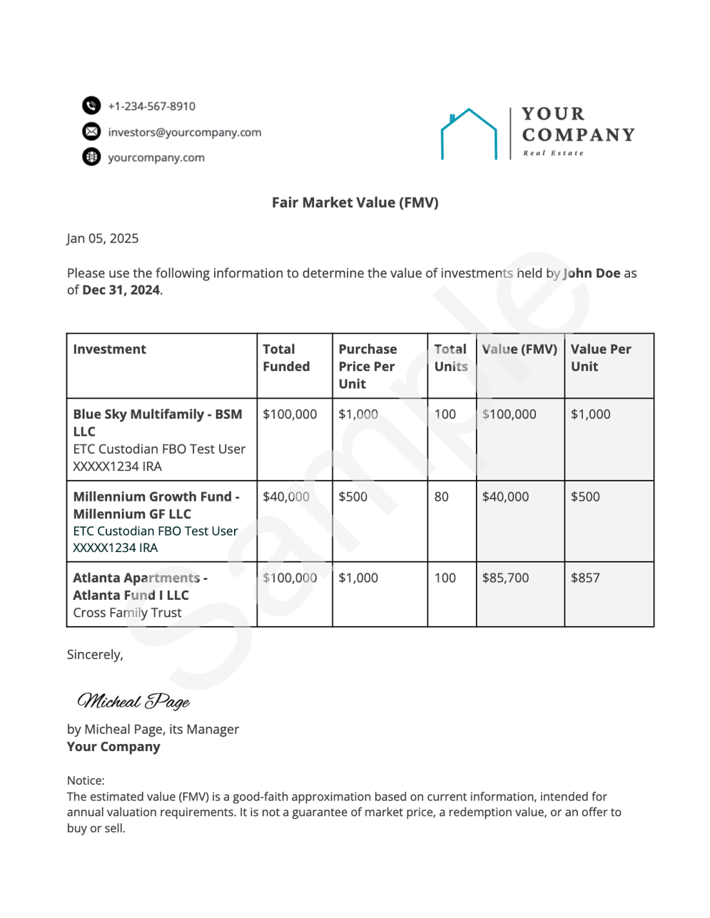 Automated Fair Market Value Letter (FMV)